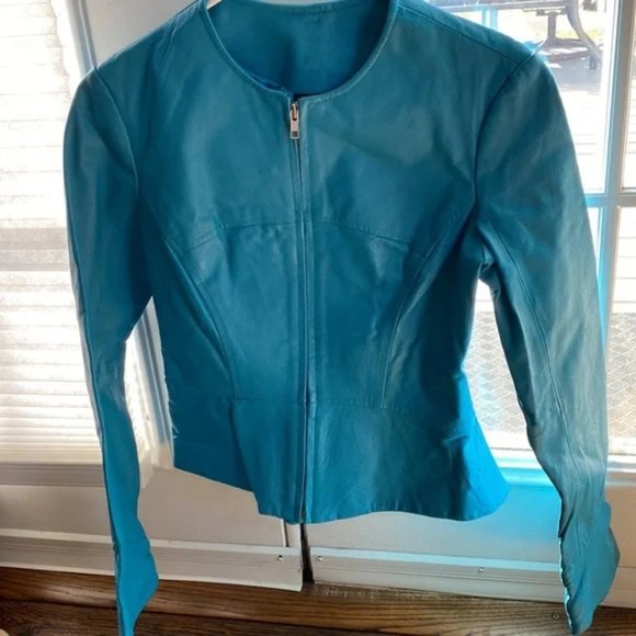 Newport News | Jackets & Coats | Leather Turquoise Tea Jacket Nwot ...